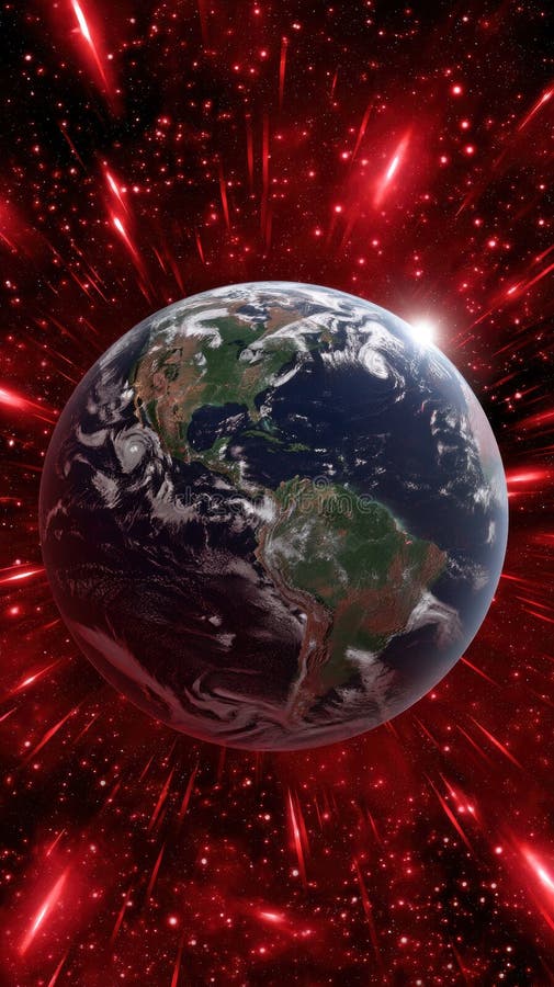 Planet Earth View from Space with Red Cosmic Stellar Background and ...