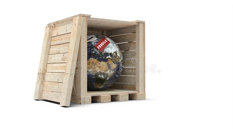 Planet Earth in Wooden Crate with Fragile Label Stuck on it - 3D Render ...