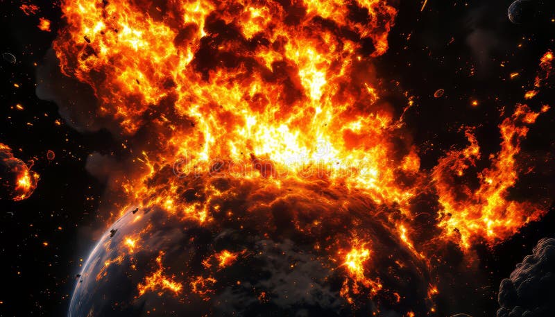 A Planet Engulfed in Flames Explodes in Space Amidst Debris Stock ...