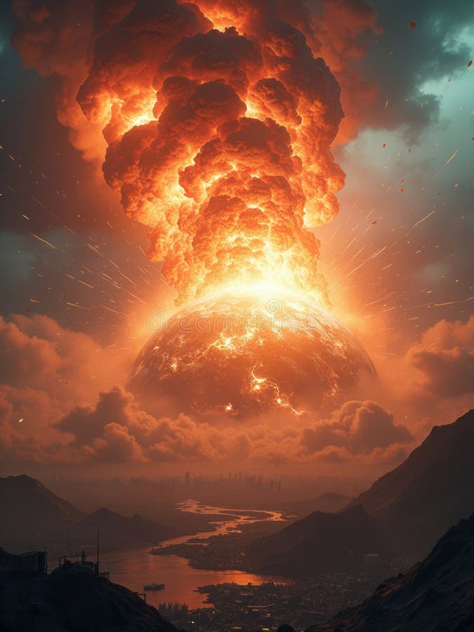 Planet Exploding in a Fiery Burst, Viewed Over a Landscape with City ...