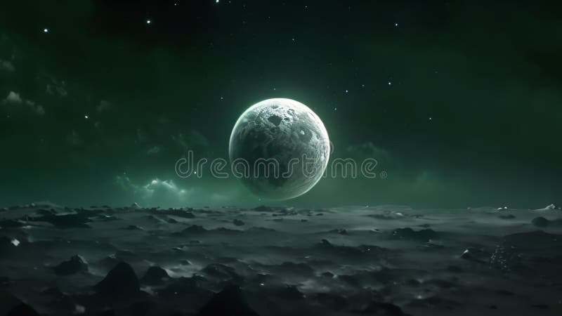 Planet Floating Above Surface Landscape on Dark Green Space Background ...