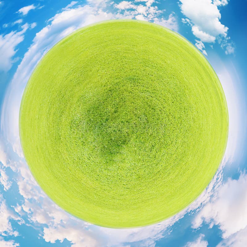 Planet with Grass Lawn and Clouds on Blue Sky Stock Photo - Image of ...