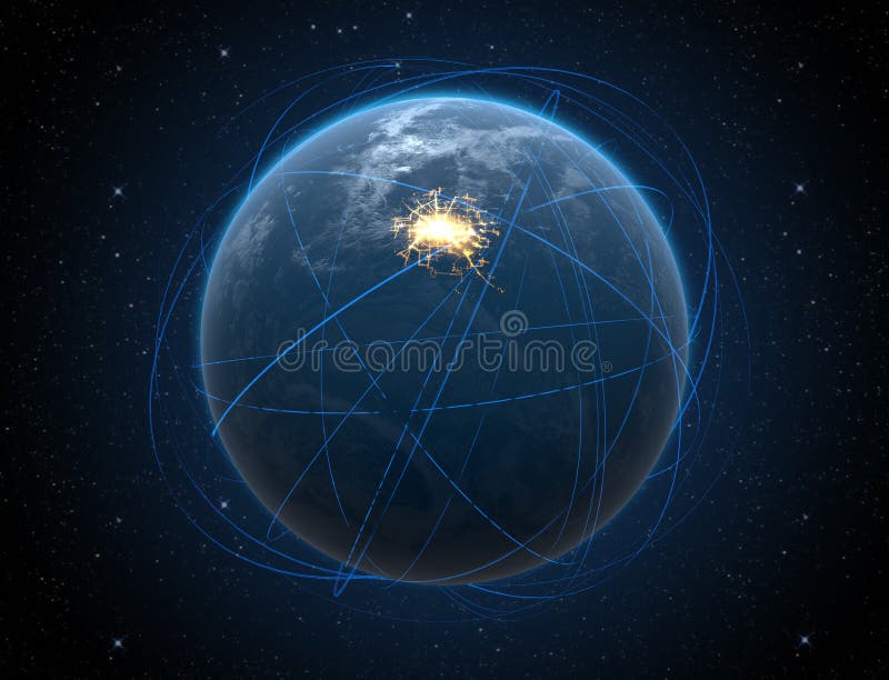 Planet with Illuminated City and Light Trails Stock Illustration ...
