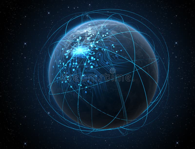 Planet with Illuminated Network and Light Trails Stock Illustration ...