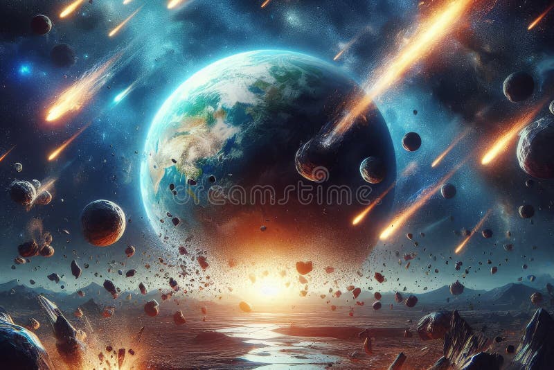 A Planet with a Lot of Space Debris and a Lot of Shooting Stars Stock ...