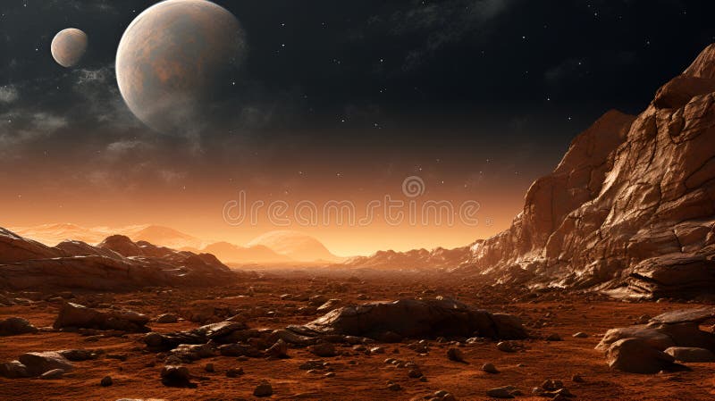 Planet Mars, View of Arid Environment, Rocks and Space View Stock Image ...