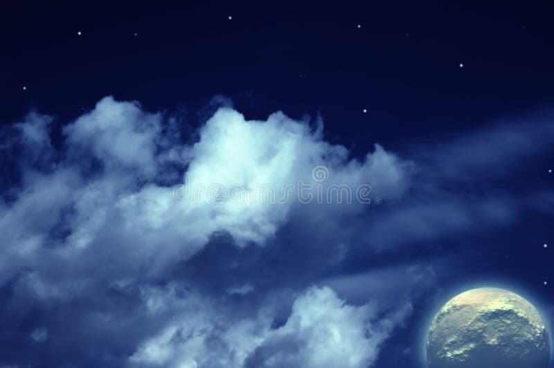 Big Moon and Stars in a Cloudy Night Blue Sky Stock Image - Image of ...