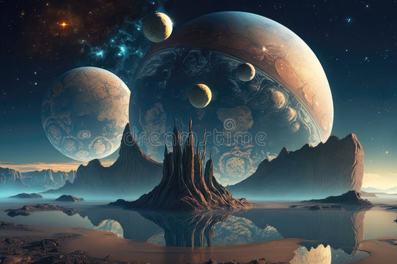 A Planet with Multiple Moons and Alien Lifeforms. Generative AI Stock ...