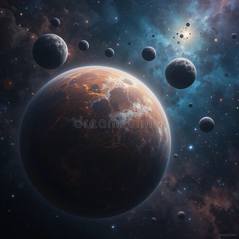 A Planet with Multiple Moons, Its Sky Filled with Cosmic Wonders Stock ...