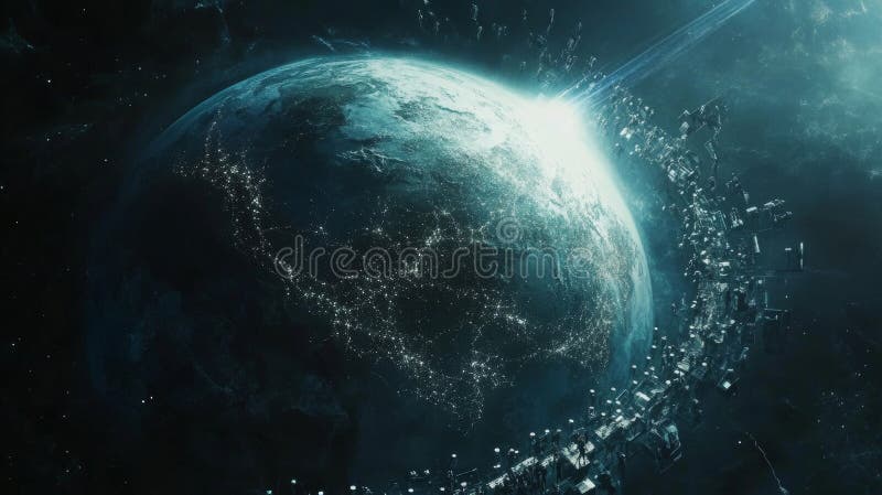 Planet with Orbiting Satellites in Deep Space View Stock Photo - Image ...