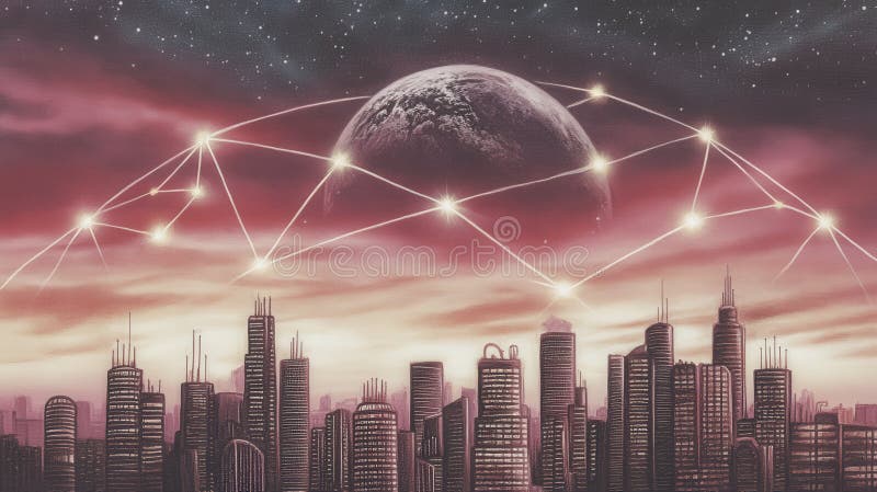 Planet Overlooking City with Bright Network Pathways Stock Illustration ...