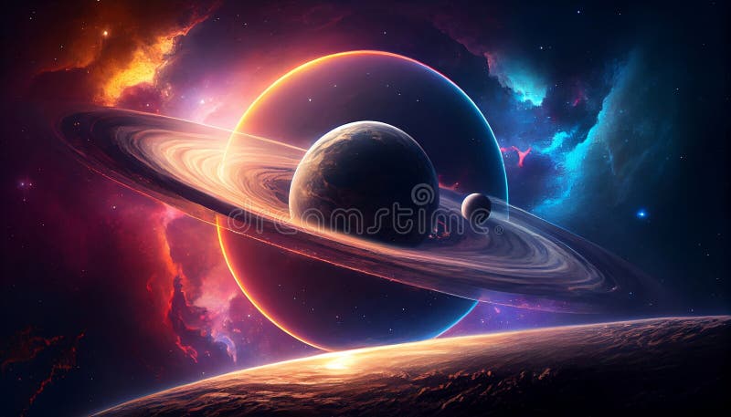 A Planet with a Ring System in the Foreground, with a Colorful Galaxy ...