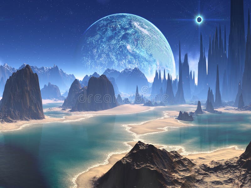 Planet Rise Over Alien Beach World Stock Illustration - Illustration of ...