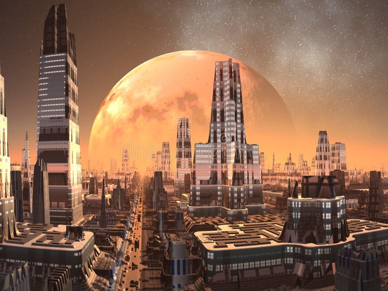 Planet-rise Over Alien City of the Future Stock Illustration ...