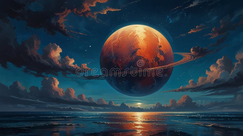 Planet Rising Over Ocean Horizon Stock Illustration - Illustration of ...
