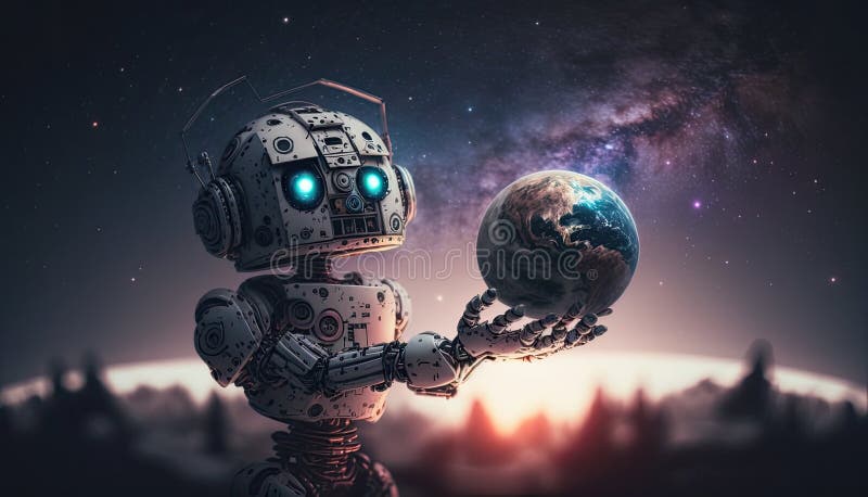 Blue planet in robot hand stock illustration. Illustration of hand ...