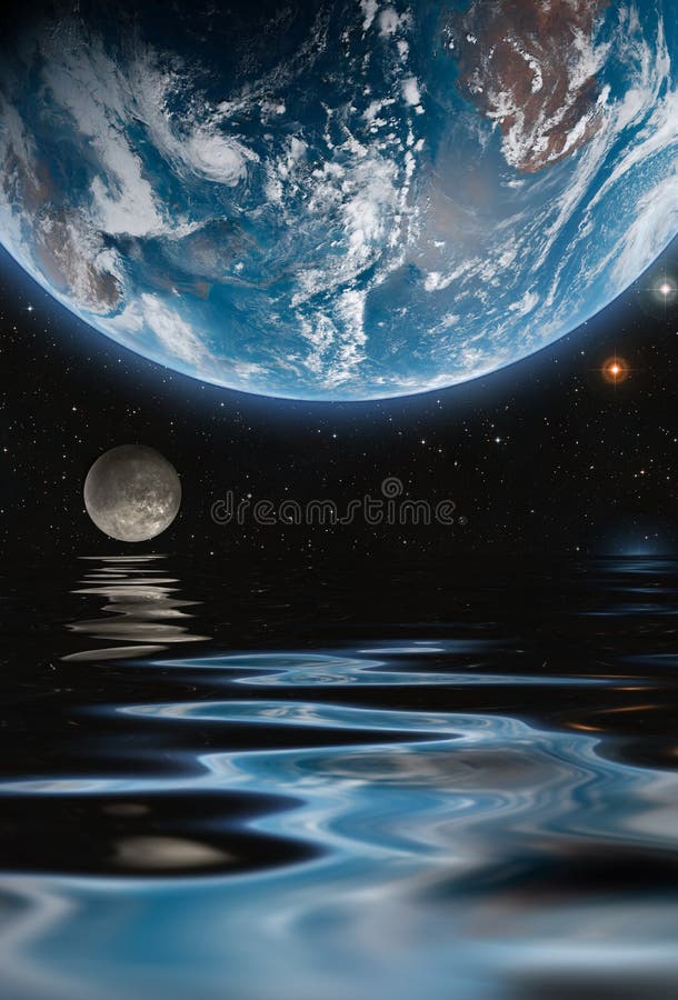Planet and Satellite in Outer Space with Water Surface Reflection Stock ...