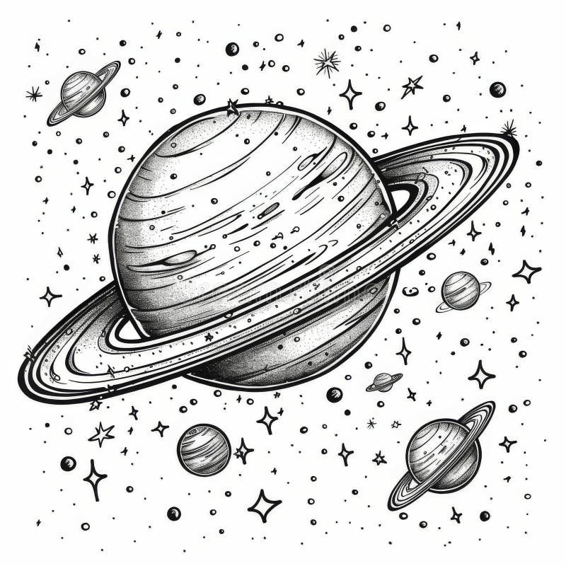 Planet Saturn Coloring Page Illustration, Doodle Style Space Elements ...