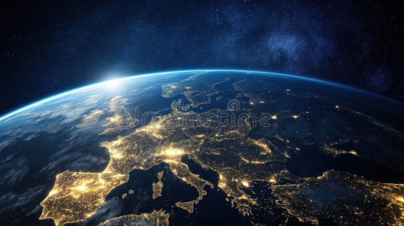 Planet Space at Night with Glowing City Lights and Starry Sky Stock ...