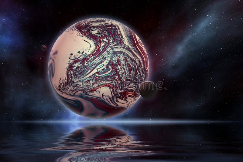 Planet in Space with Water Reflection Stock Illustration - Illustration ...