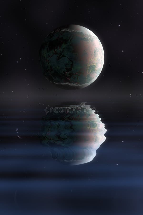 Planet in Space with Water Reflection Stock Illustration - Illustration ...