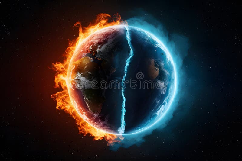 Planet Split in Half, One Side in Flames, Other in Blue Aura Stock ...