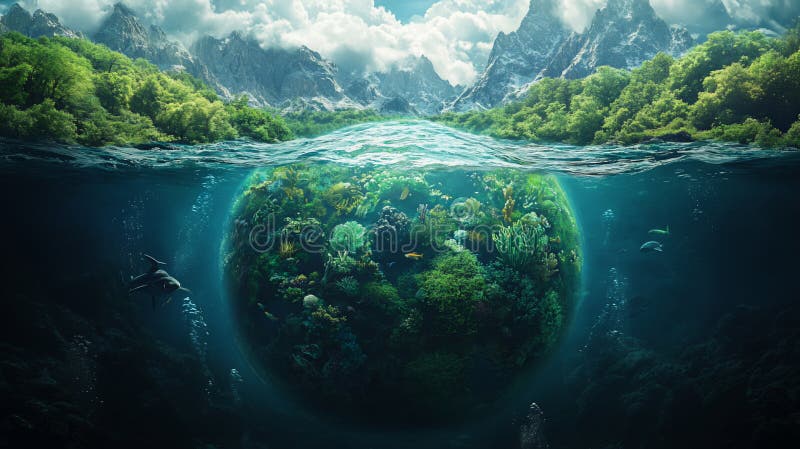 A Planet Submerged in the Ocean with Underwater Life Surrounding it ...