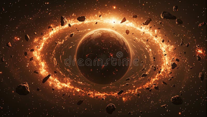 Planet Surrounded by Fiery Asteroid Ring Debris Raining Destruction ...