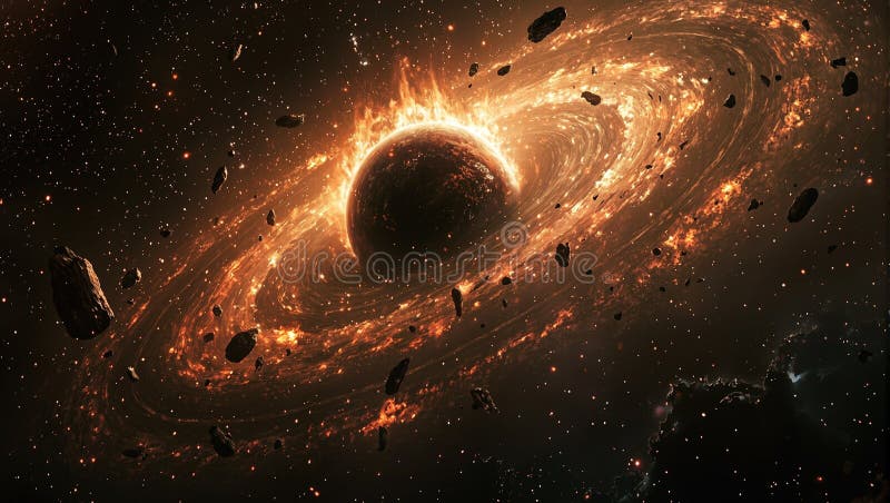 Planet Surrounded by Fiery Asteroid Ring Debris Raining Destruction ...