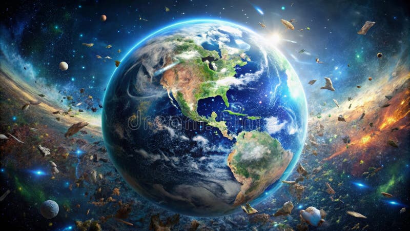 A Planet Under Siege Cosmic Debris and Celestial Bodies Surround a ...