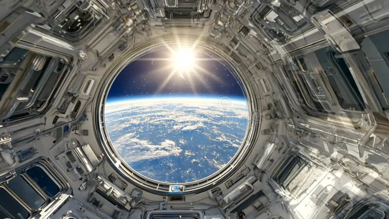 View of a Planet from Inside a Spaceship Window with the Sun Shining ...