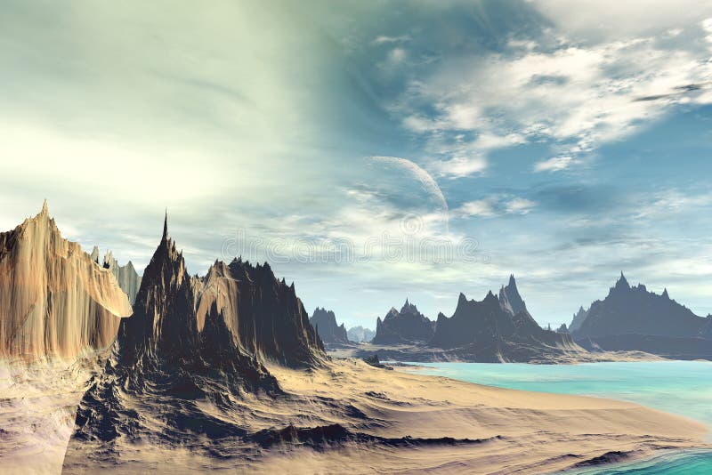Planeta Desconhecido Montanhas Ilustração Stock - Ilustração de lago ...