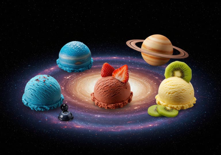 Planetary Ice Cream Scoops in Galaxy Space with Fruit Toppings Stock ...