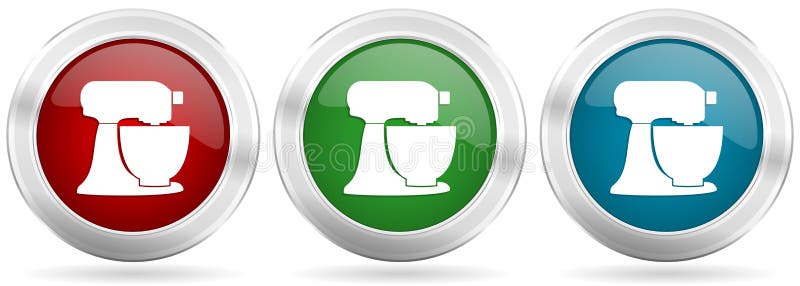 Planetary Mixer, Kitchen Equipment Vector Icon Set. Red, Blue and Green ...