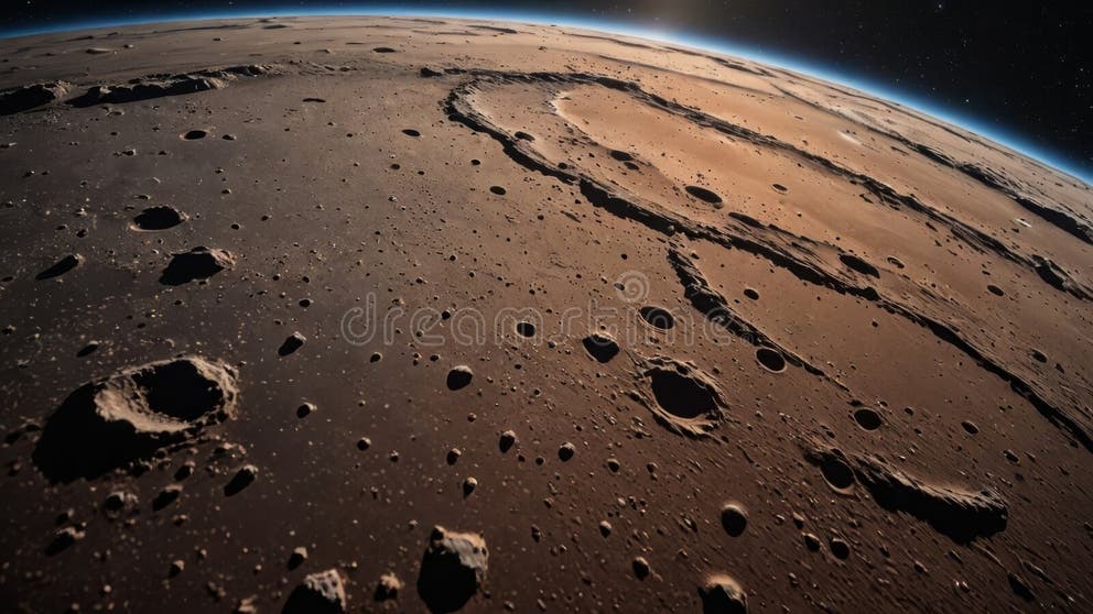 Planetary Surface with Craters and Ridges Seen from Space, Showcasing ...