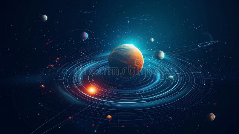 Planetary System in Deep Space with Futuristic Orbits Stock Image ...
