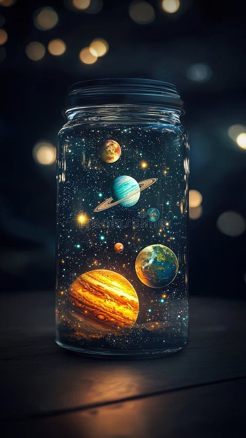 Planetary System in a Jar with Glowing Space Theme Stock Image - Image ...
