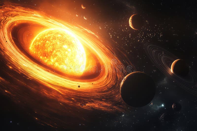 Planetary System Orbiting a Star in Deep Space Stock Image - Image of ...