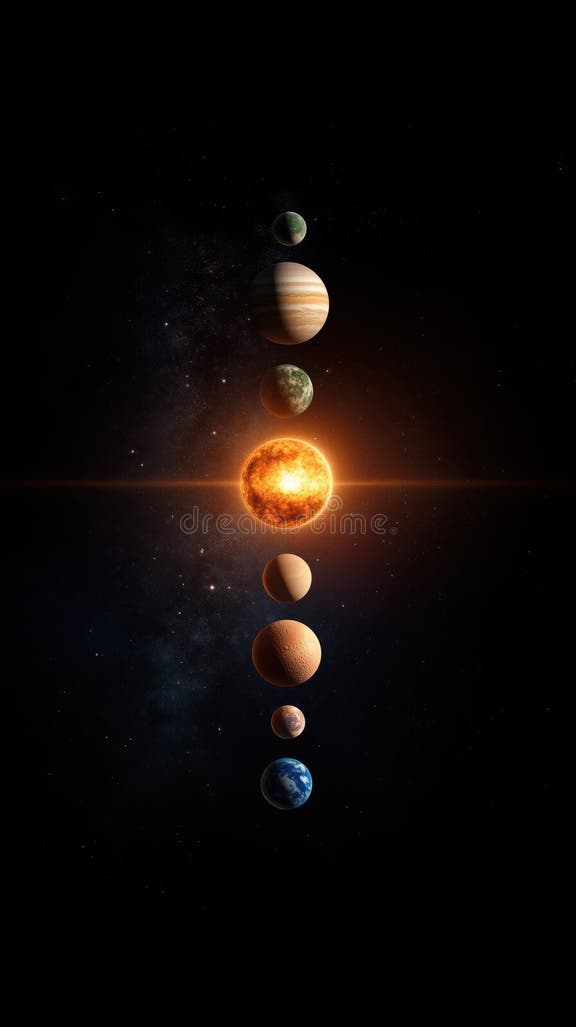 Planets Aligned in Cosmic Display with Glowing Sun at Center Stock ...