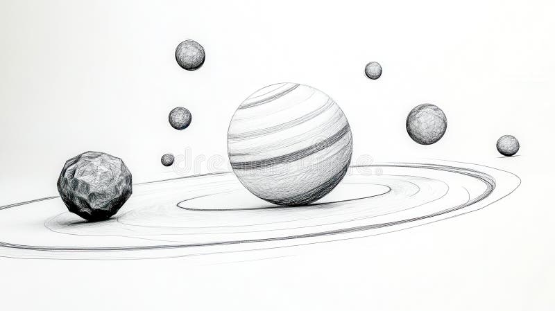 Planets and Asteroid Orbiting Around a Gas Giant in a Pencil Drawing ...