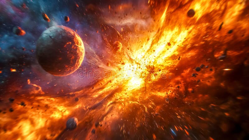 Planets Colliding in a Chaotic and Fiery Space Scene Stock Image ...