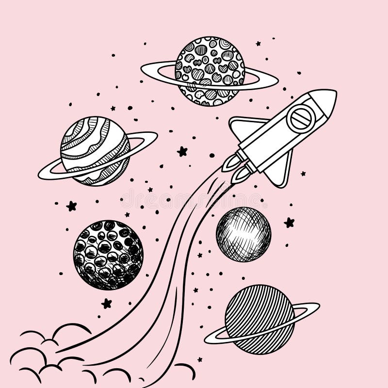 Planets Draws of Solar System and Rocket Design Stock Vector ...
