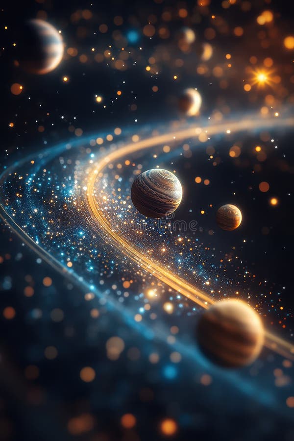 Planets in a Glowing Cosmic Trail Sparkling Galaxy Space Art Stock ...