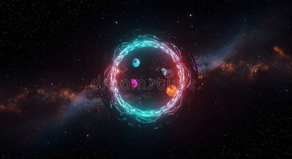Planets within a Glowing Ring in Space Stock Illustration ...
