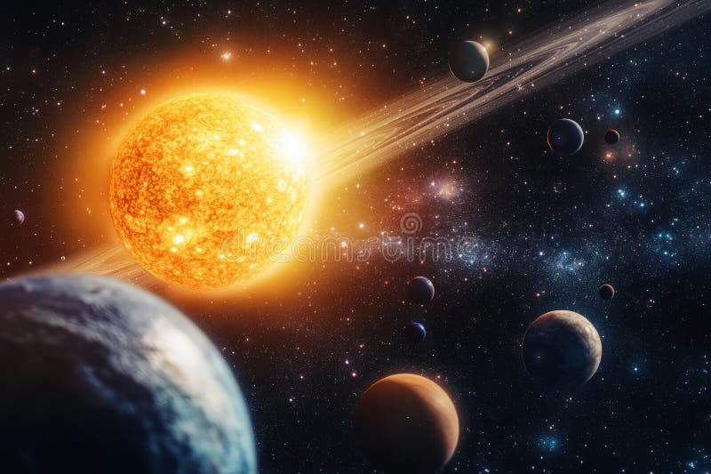 Planetary System Orbiting a Star in Deep Space Stock Photo - Image of ...