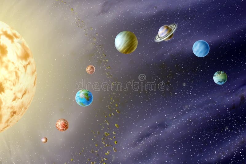 Planets of the Solar System on Background Sun and Starry Sky Stock ...