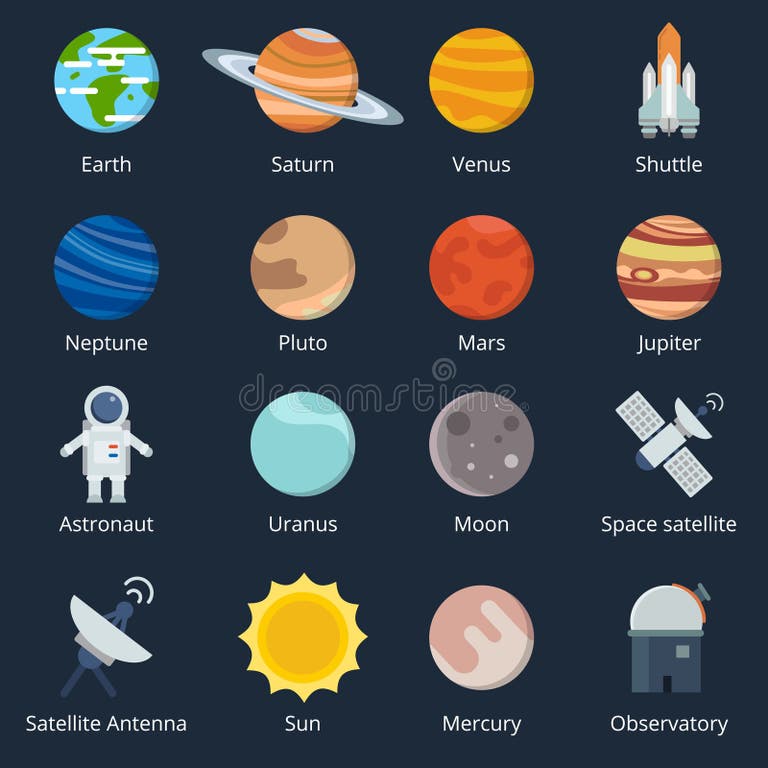 Planets of Solar System and Different Space Tools. Icon Set in Vector ...