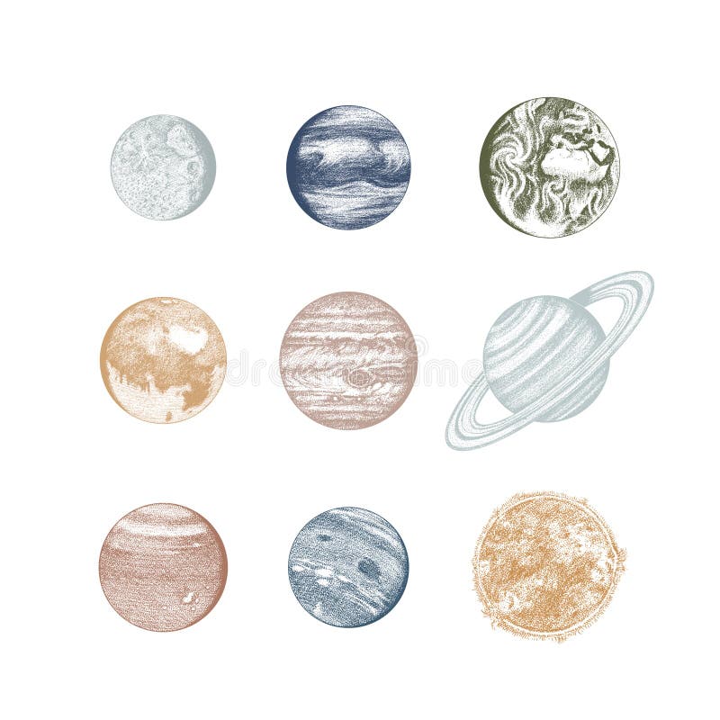 Planets in Solar System. Moon and the Sun, Mercury and Earth, Mars and ...