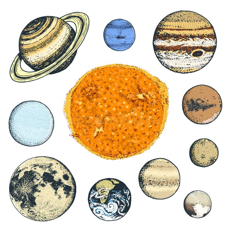 Planets in Solar System. Moon and the Sun, Mercury and Earth, Mars and ...