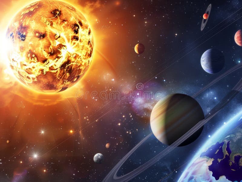 Planets of the Solar System Orbiting Around a Glowing, Fiery Sun in ...